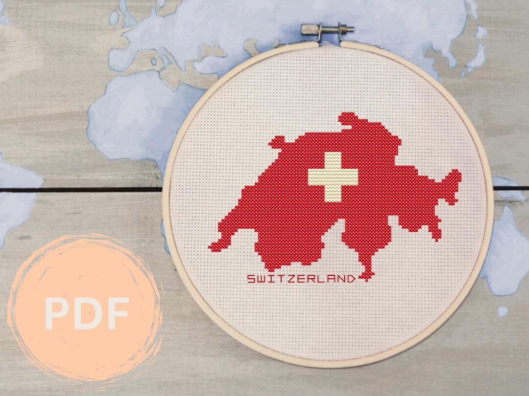 Switzerland Cross-stitch Pattern: Country Outline With Flag and Name ...