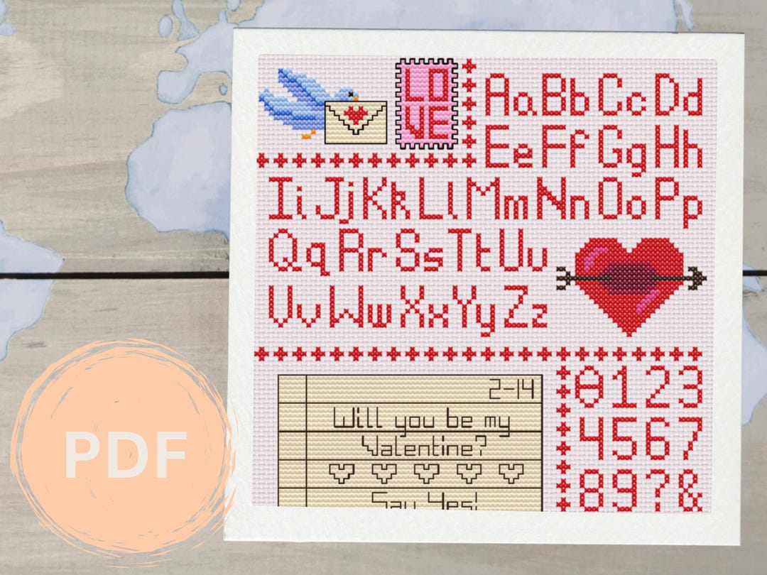 Valentine's Day Sampler Cross-stitch Pattern, Cupid, Postage Stamp ...