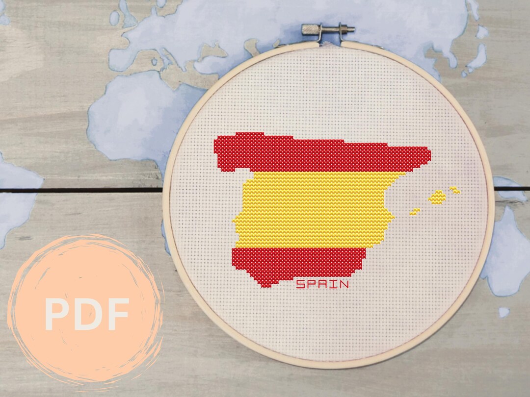 Spain Cross-stitch Pattern: Country Outline With Flag and Name - PDF ...