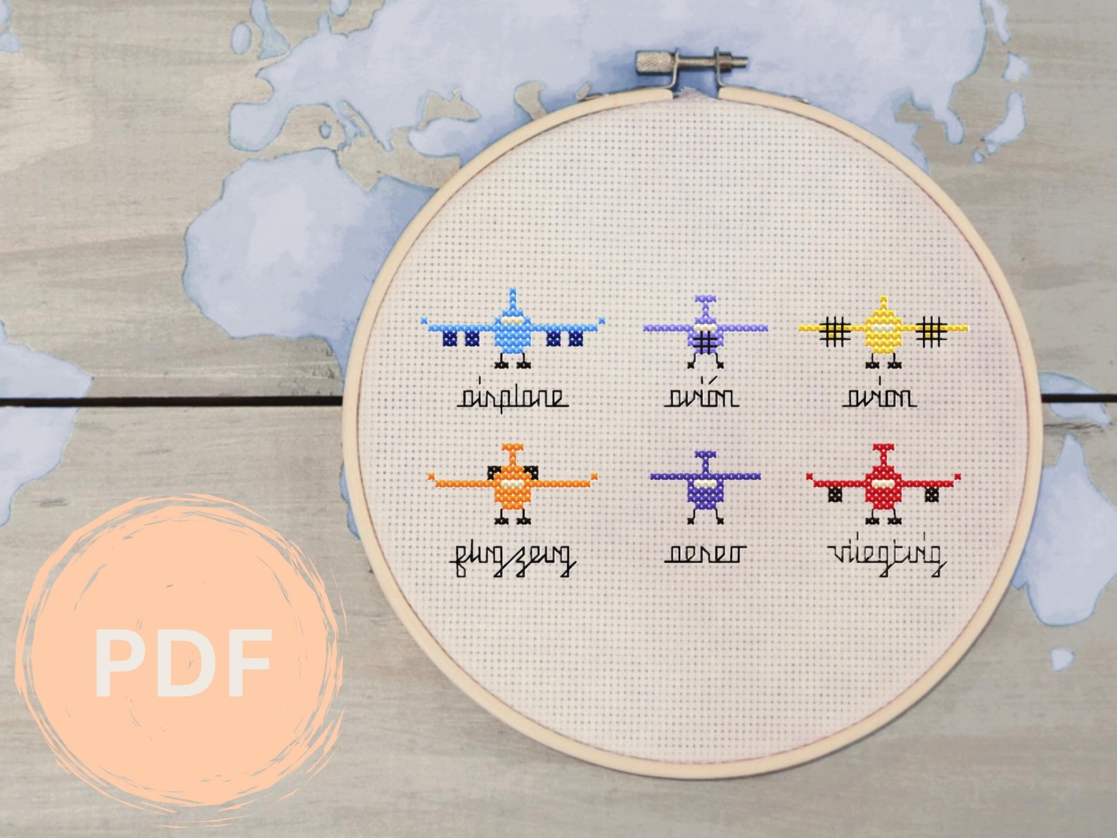 Airplane Cross Stitch Pattern - Fun Multilingual DIY Craft - Instant ...