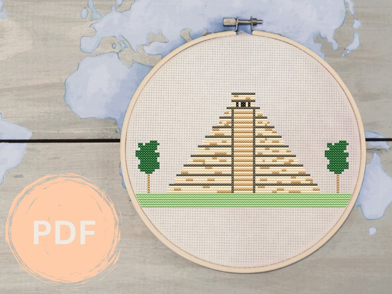 Mexico Cross-stitch Pattern, Chichen Itza X-stitch, Pyramid Counted ...