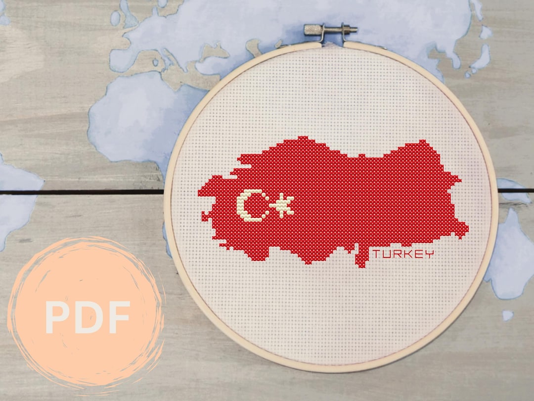 Turkey Cross-stitch Pattern: Country Outline With Flag and Name - PDF ...