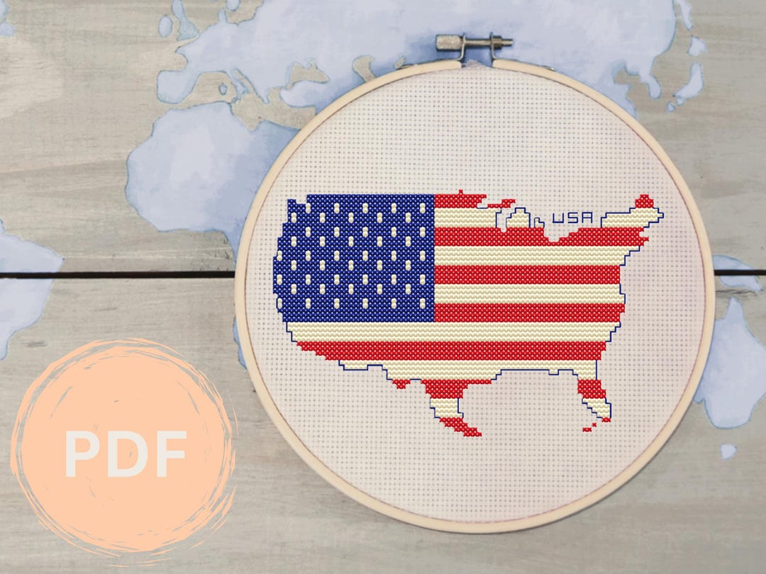 USA Cross-stitch Pattern: Country Outline With Flag and Name - PDF ...