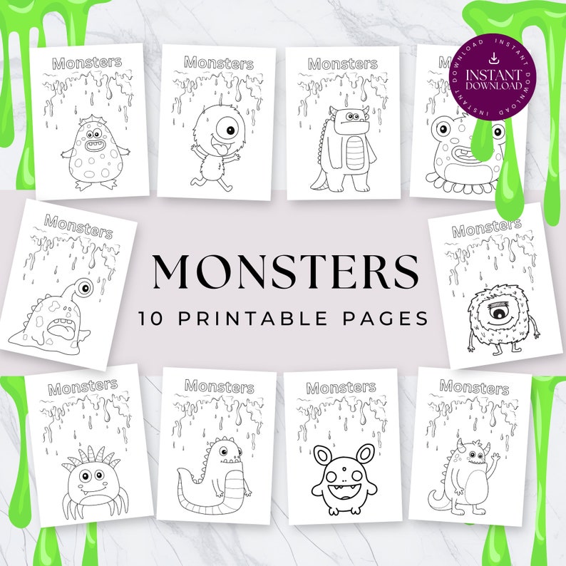 MONSTERS Coloring Pages for Kids, 10 Sheets, Spring Activity, Colouring ...