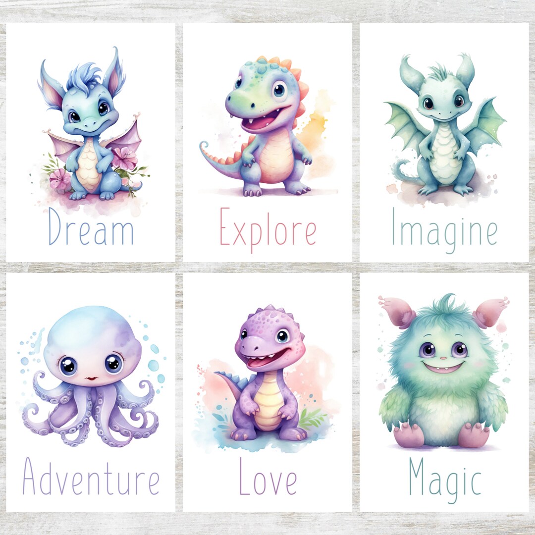 Cute Creatures Wall Art, Positive Inspirational, Set of 6 Posters, Kids ...