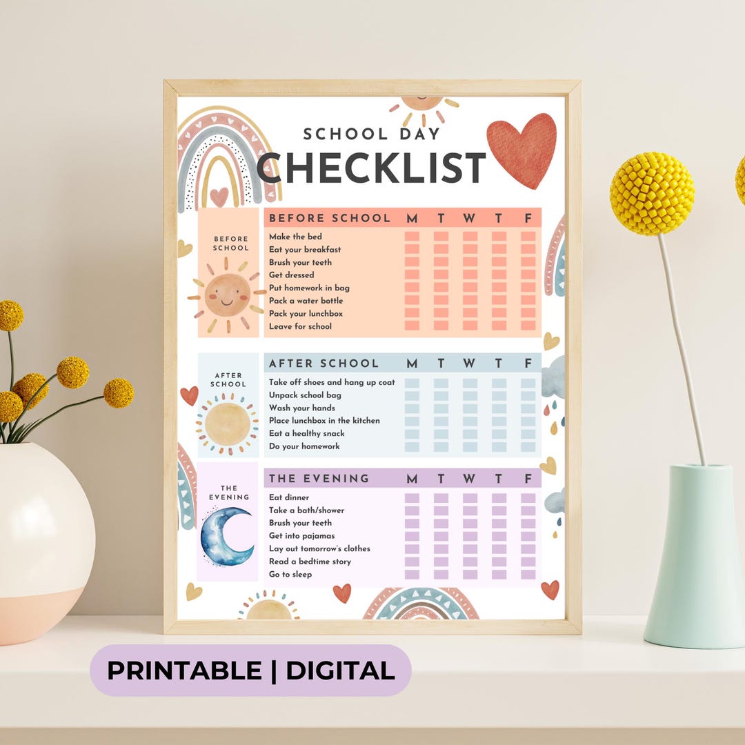 Kids School Day Checklist: Watercolor Rainbow Printable (PDF) - Etsy