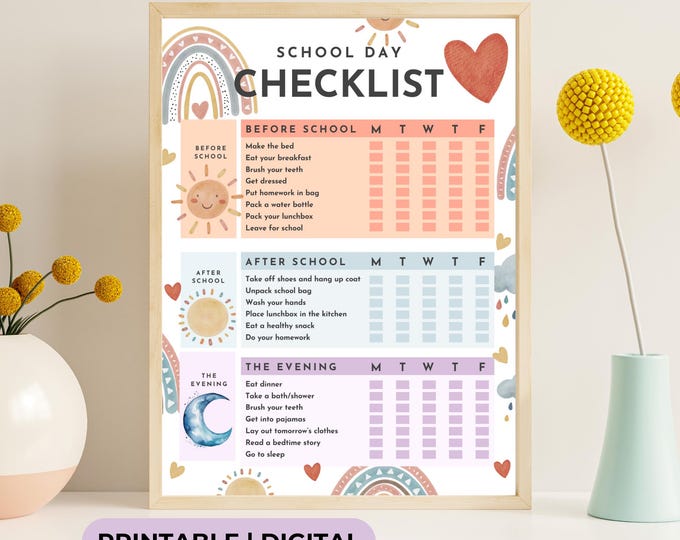 Kids School Day Checklist: Watercolor Rainbow Printable (PDF) - Etsy