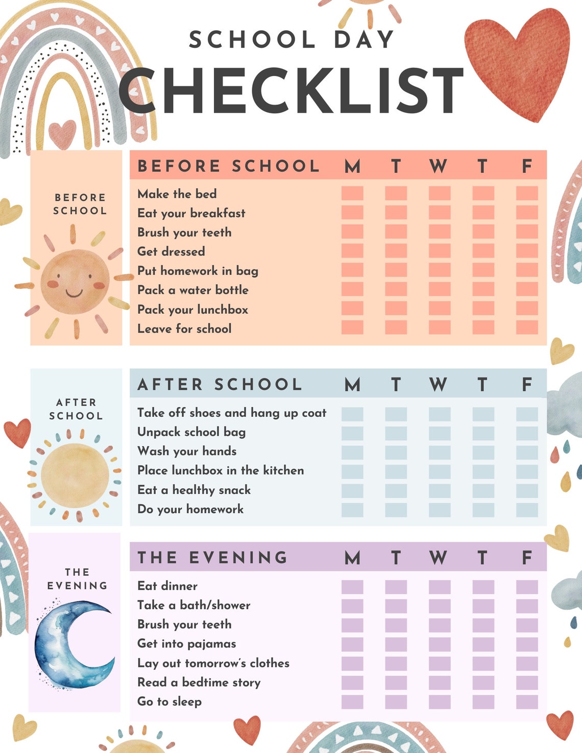 Kids School Day Checklist: Watercolor Rainbow Printable (PDF) - Etsy