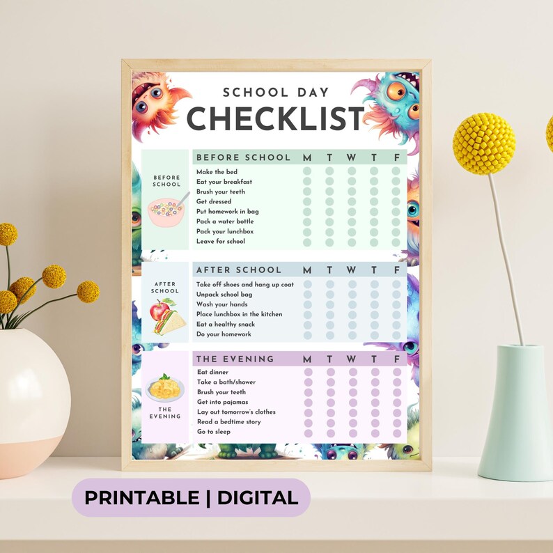 Monsters School Day Checklist: Kids Chore Chart (printable PDF) - Etsy