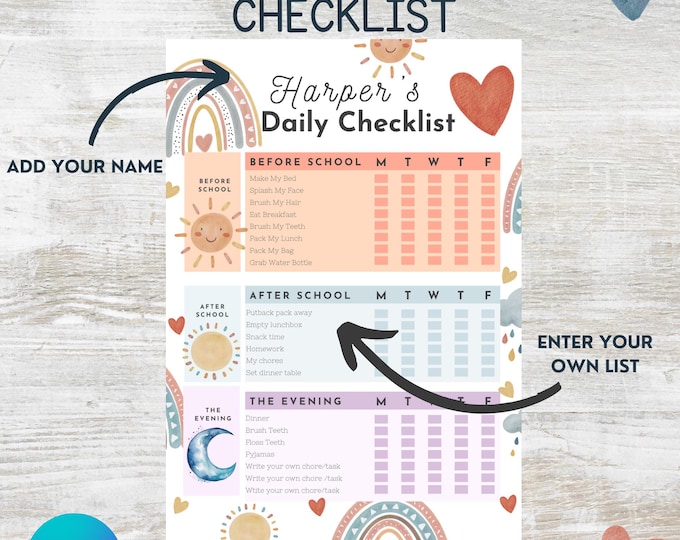 School Day Checklist for Kids, Printable, Kids Chore Chart, Before ...