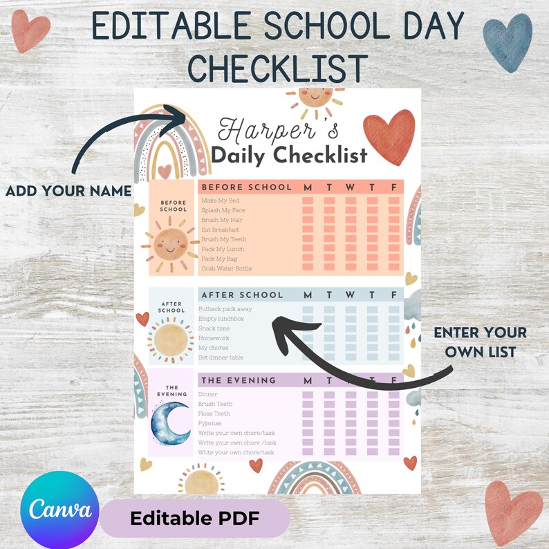 Editable Kids School Checklist: Watercolor Rainbow Daily Routine (canva ...