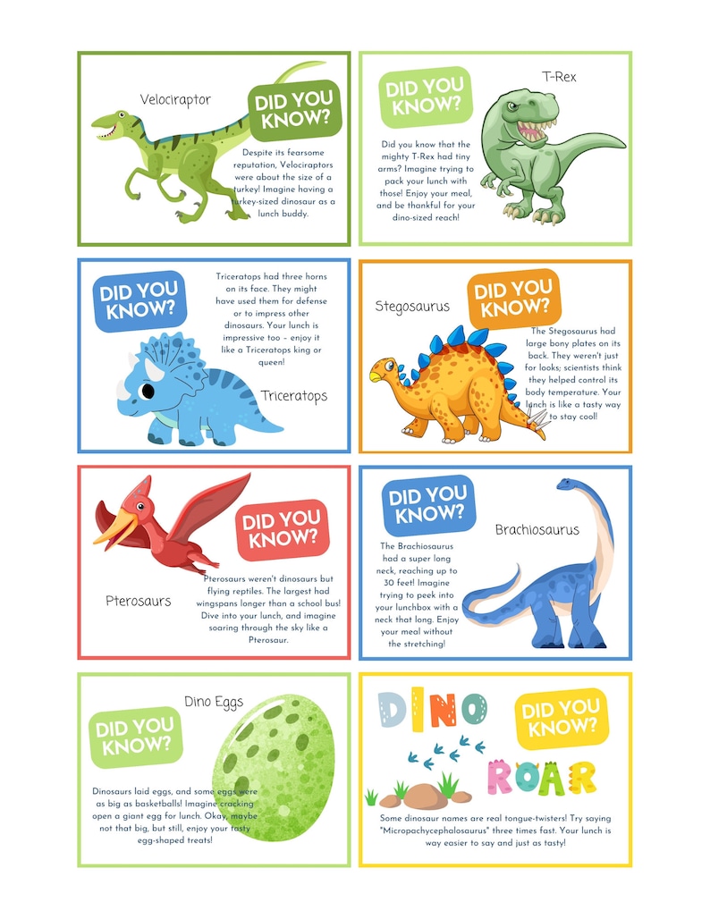 Dinosaur Fun Facts Lunchbox Notes: Printable Kids Lunch Cards (PDF) - Etsy