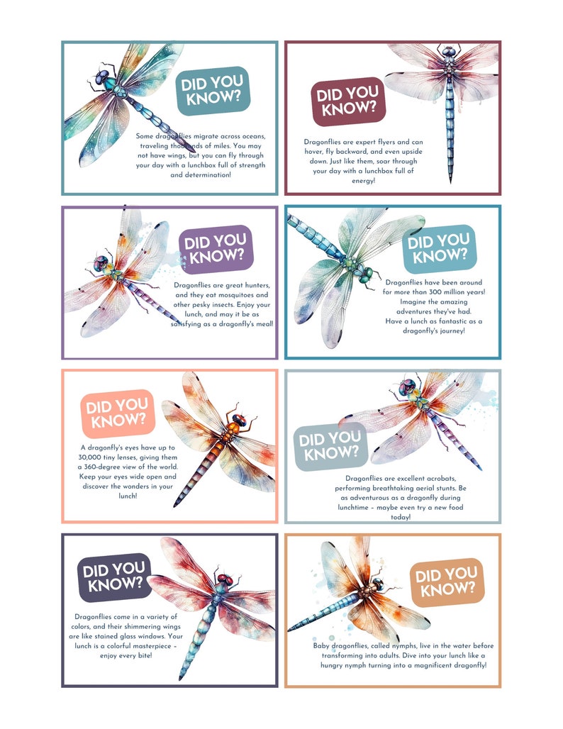 Dragonfly Fun Facts Lunchbox Notes: Kids Learning Cards (PDF) - Etsy