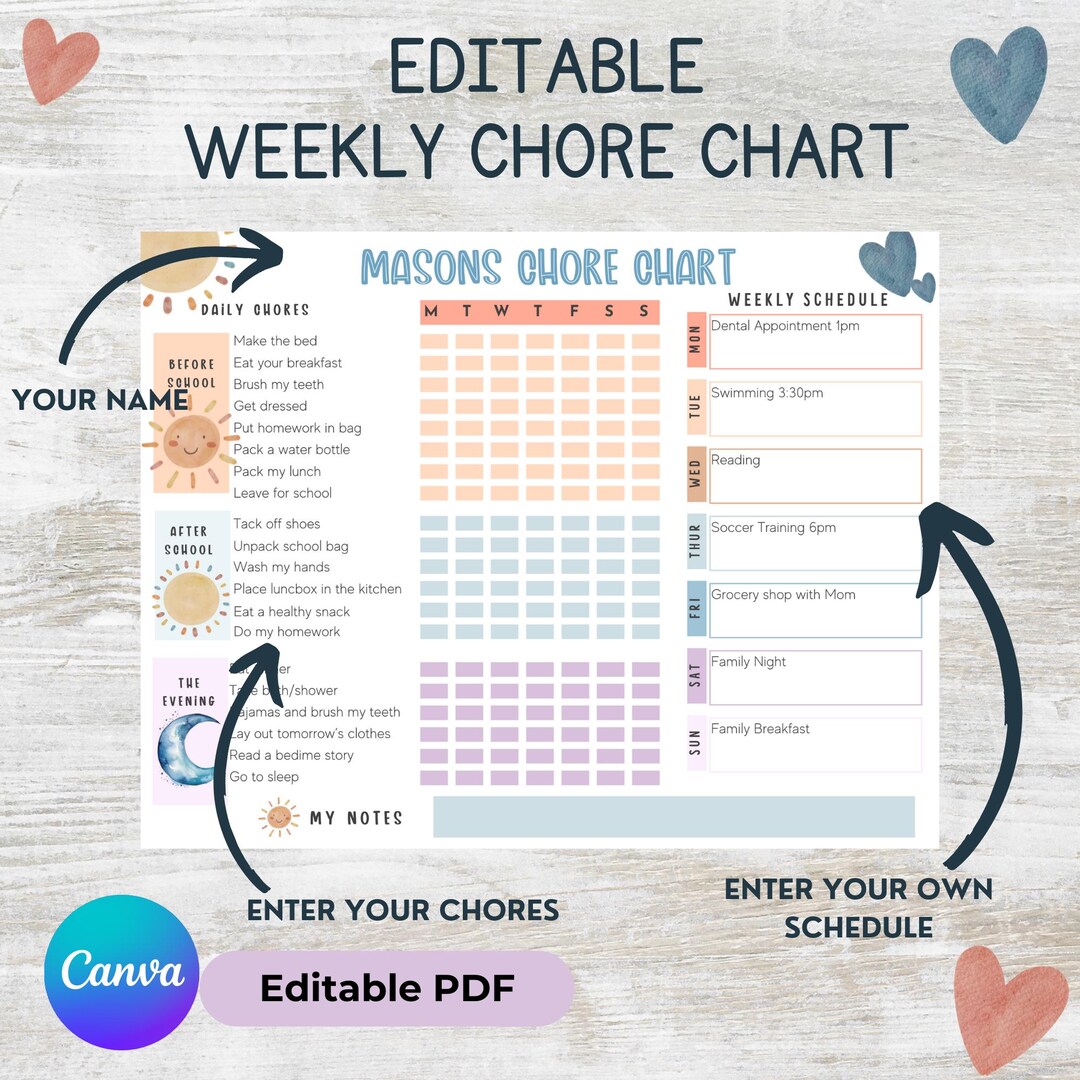 Custom Chore Chart, Kids Weekly Schedule, Editable Canva Template, Kids ...