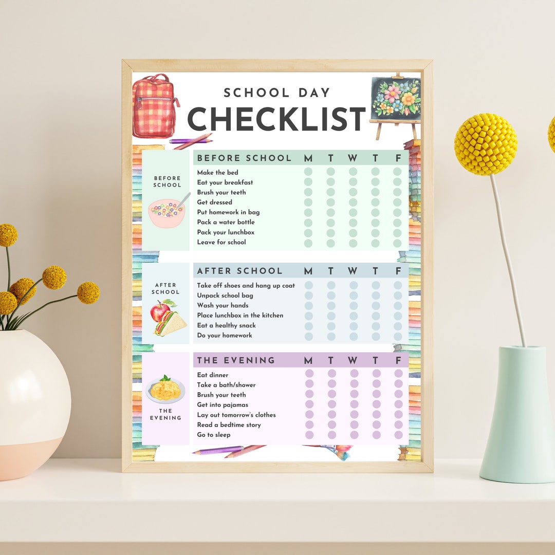 School Day Checklist for Kids, Printable, Kids Chore Chart, Before ...