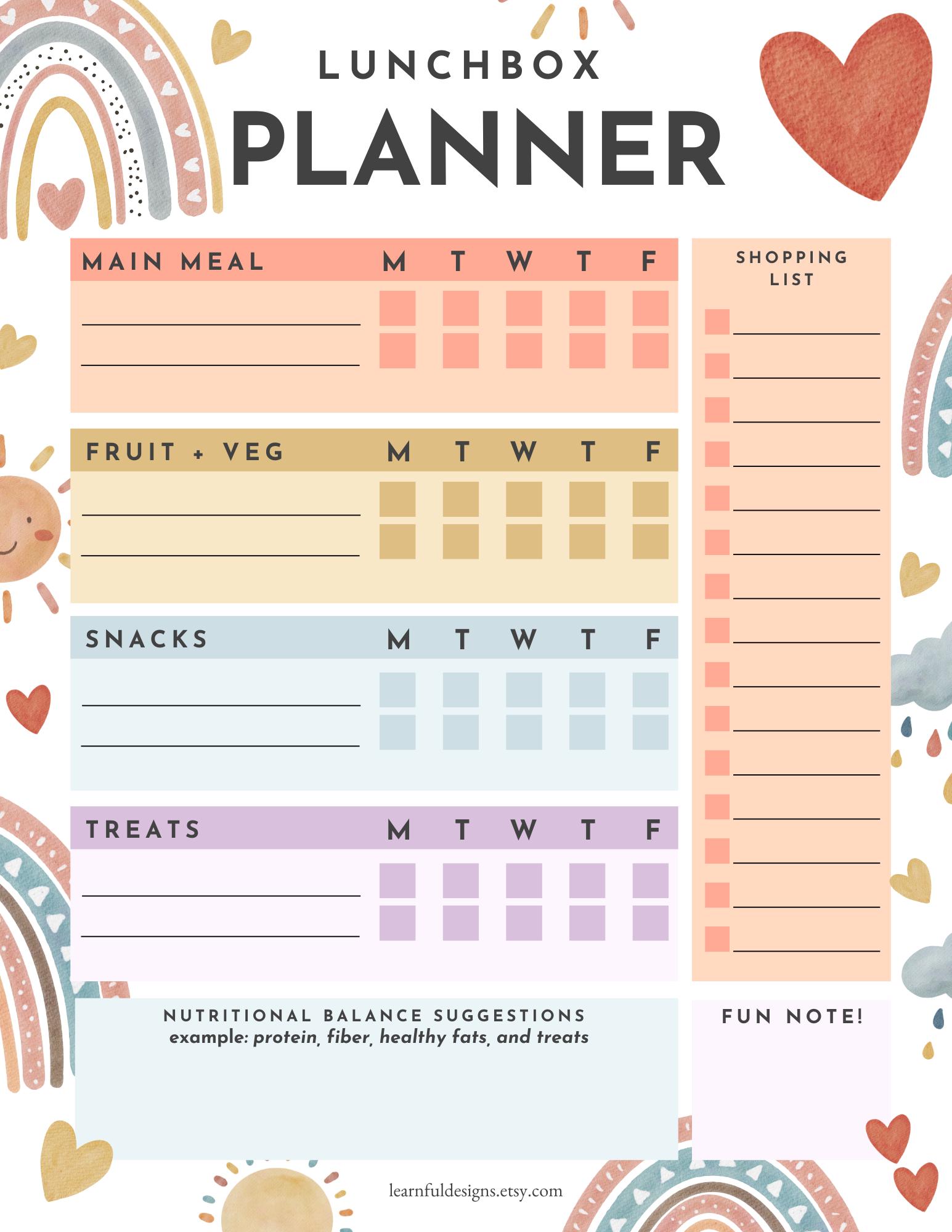 LUNCHBOX Planner for Kids, Printable, Kids School Week Lunch Planner ...