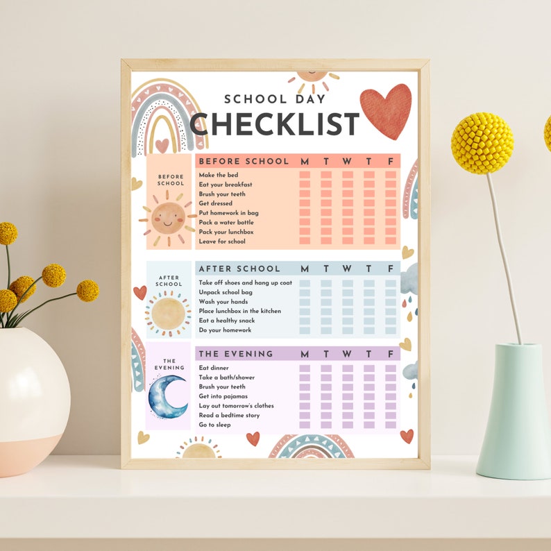 School Day Checklist for Kids, Printable, Kids Chore Chart, Before School, After School, Before ...