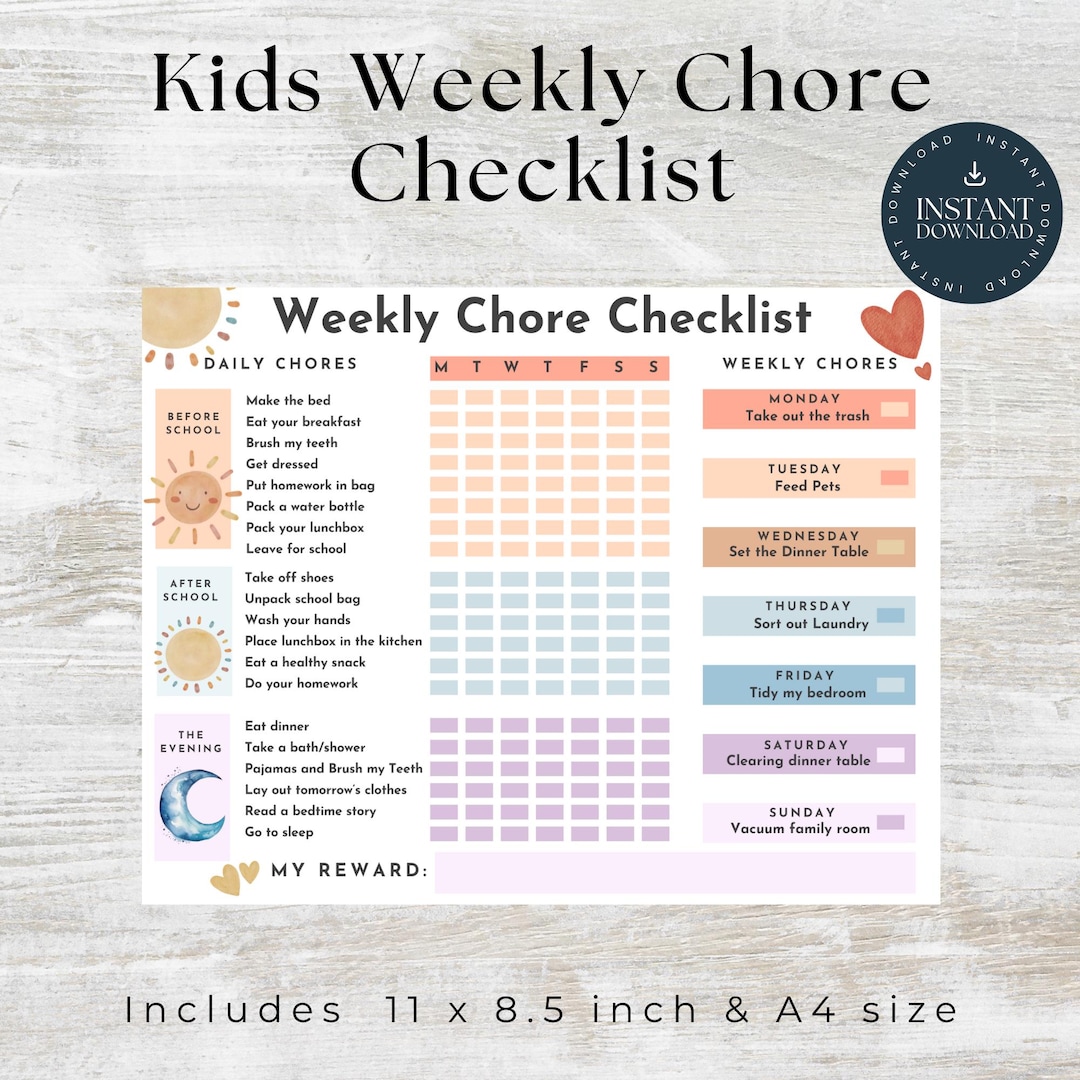 Chore Checklist for Kids, Daily and Weekly Responsibility Chart, Kids ...