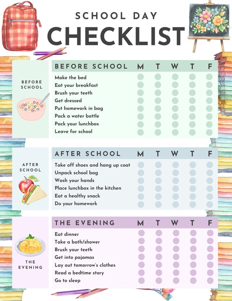Kids School Day Checklist: Routine Chart, Before & After School (PDF ...