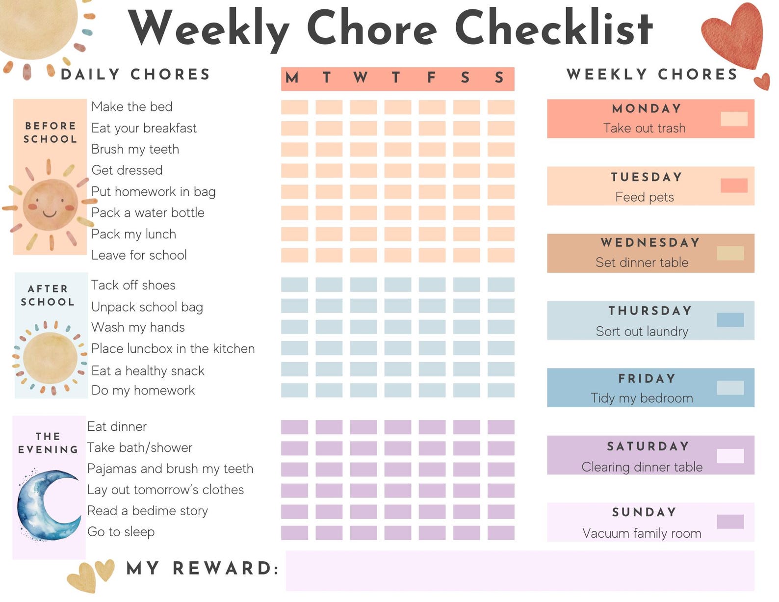 Editable Kids Chore Chart: Weekly Checklist, Canva Template (printable ...