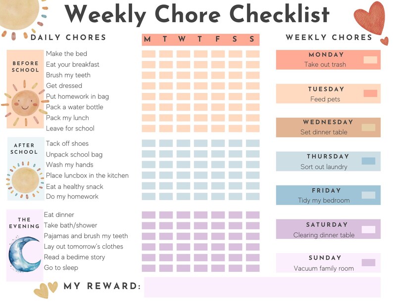 Editable Kids Chore Chart: Weekly Checklist, Canva Template (printable ...