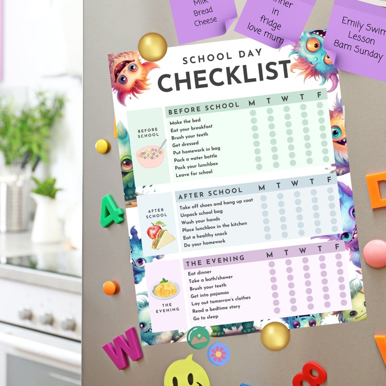 Monsters School Day Checklist: Kids Chore Chart (printable PDF) - Etsy