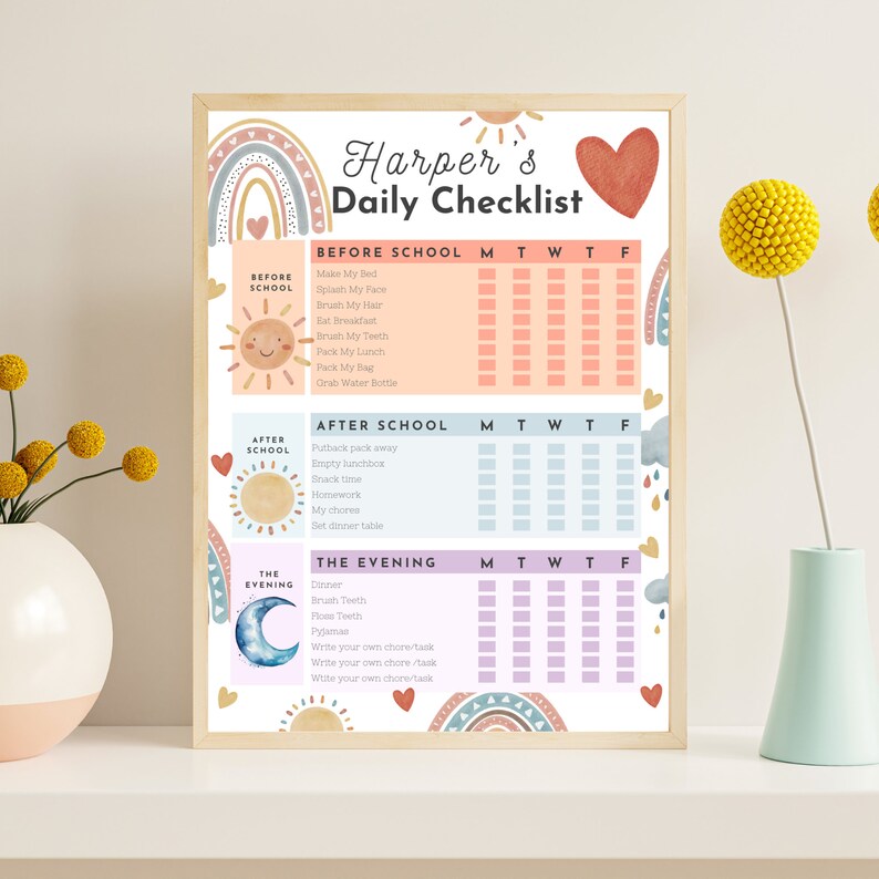 Editable Kids School Checklist: Watercolor Rainbow Daily Routine (canva ...
