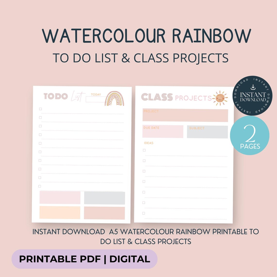 Watercolour Rainbow Boho to Do List, Printable, Kids School Project ...