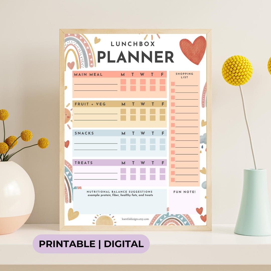 LUNCHBOX Planner for Kids, Printable, Kids School Week Lunch Planner ...