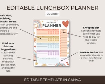 EDITABLE Lunchbox Planner for Kids, Printable, Kids School Week Lunch ...