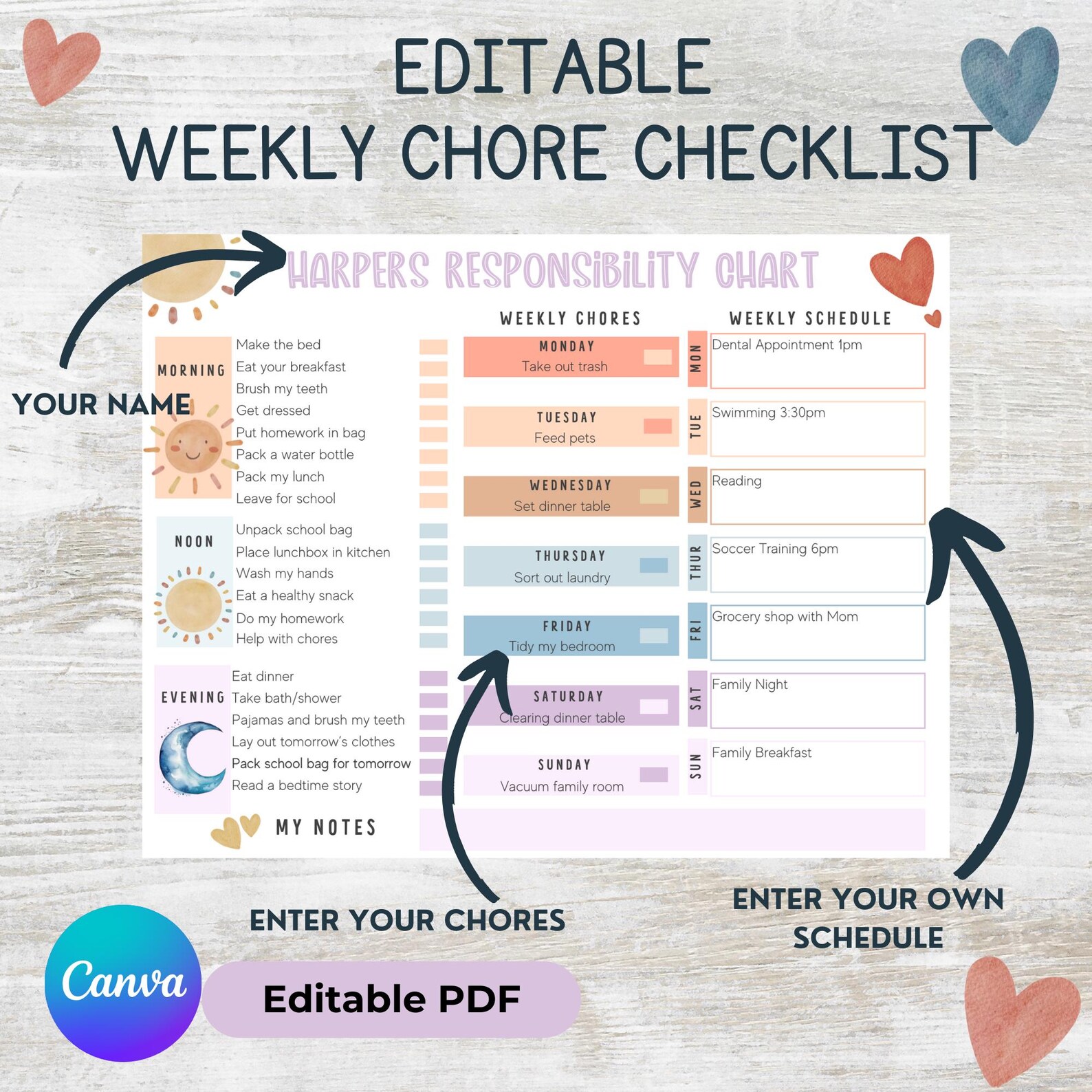 Custom Responsibility Chart, Kids Weekly Chore Checklist, Editable ...