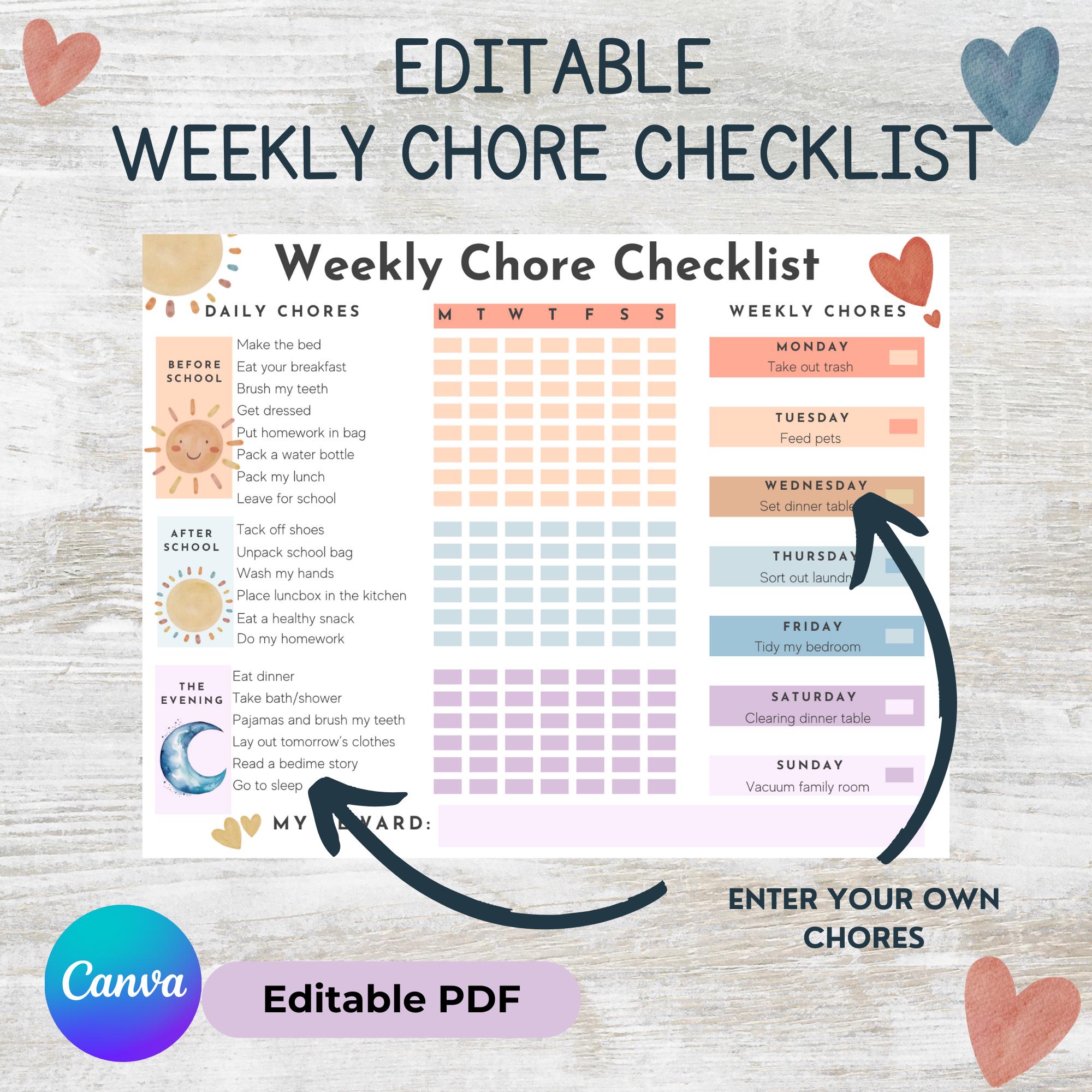 Custom Chore Chart, Kids Weekly Chore Checklist, Editable Canva ...