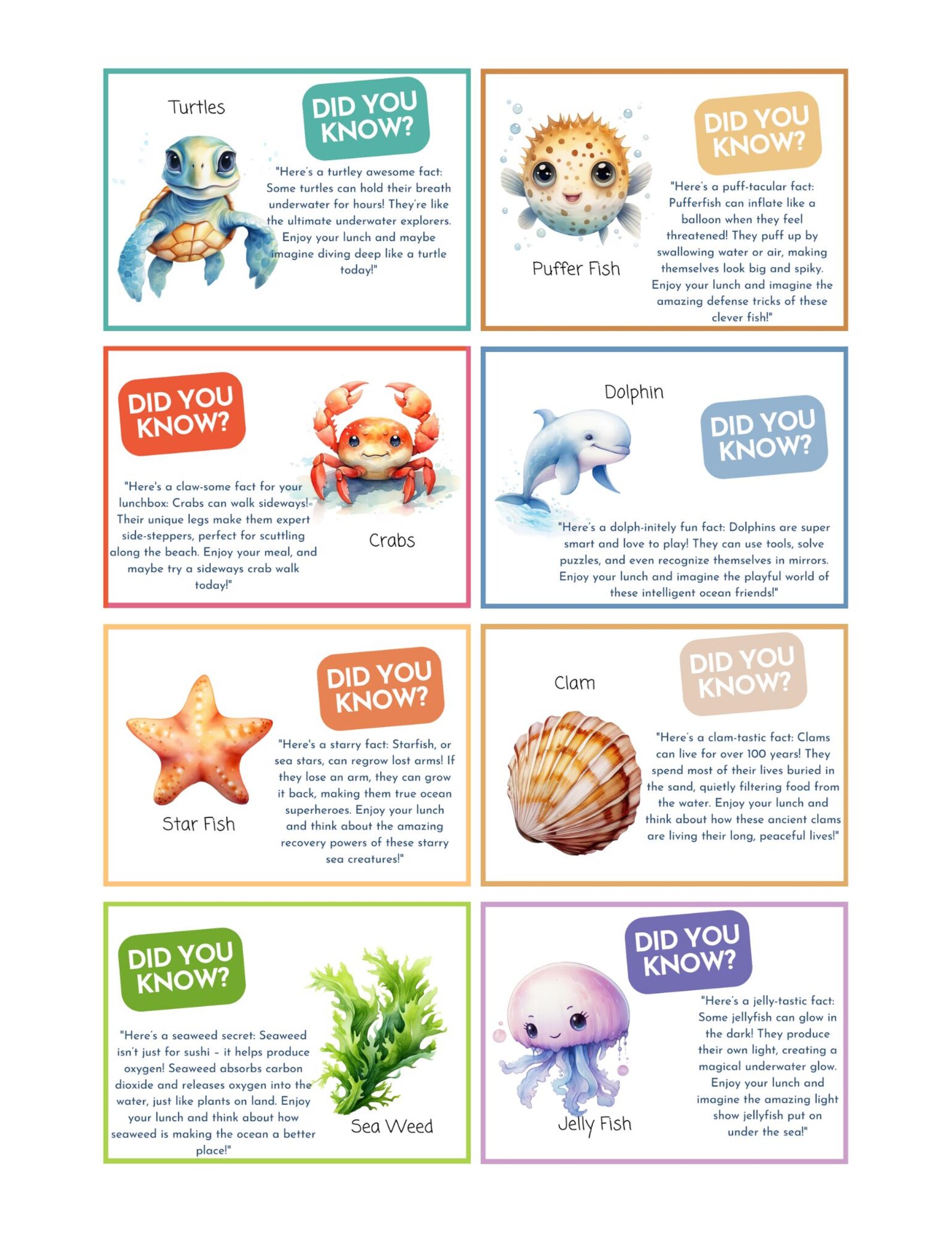 Under the Sea Fun Facts Lunchbox Notes for Kids (printable PDF) - Etsy