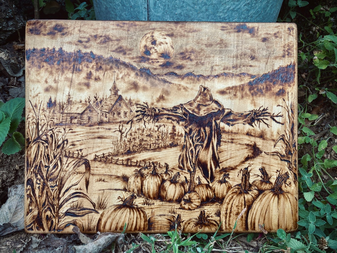 October Aura, Handmade Pyrography Art, Autumn Decor, Scarecrow ...