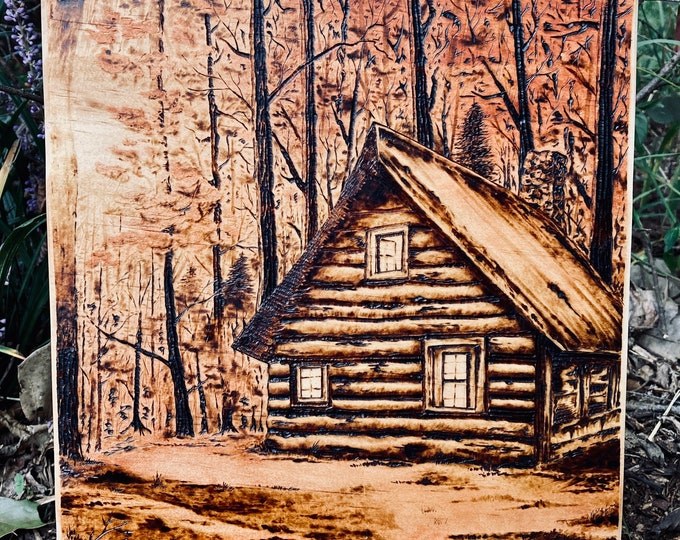 Autumn Evening Cabin, Wood Burned Art, Pyrography, Fall, October ...