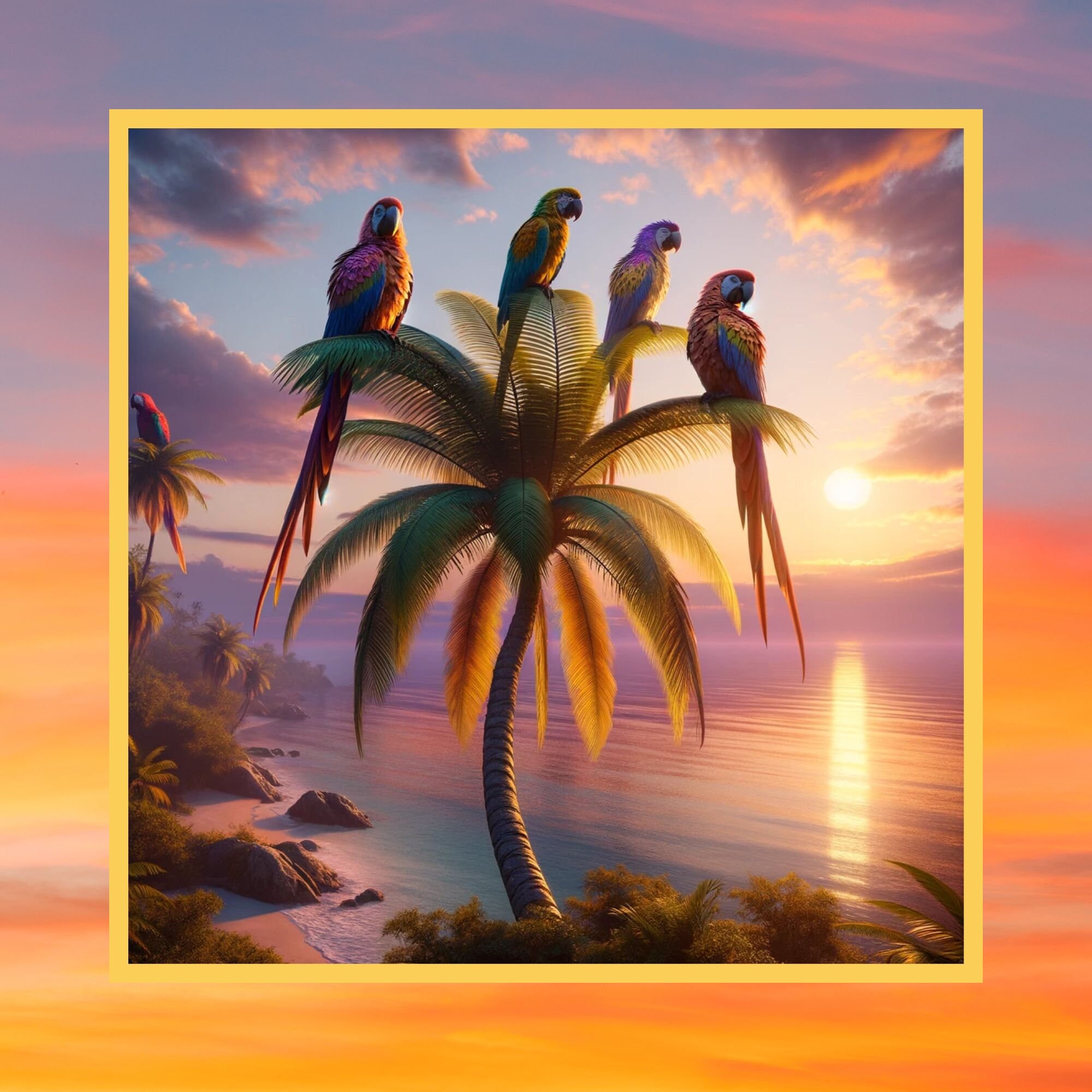 Coastal Paradise Parrots - 3 PNG Image Bundle, Tropical Beach Sunset ...