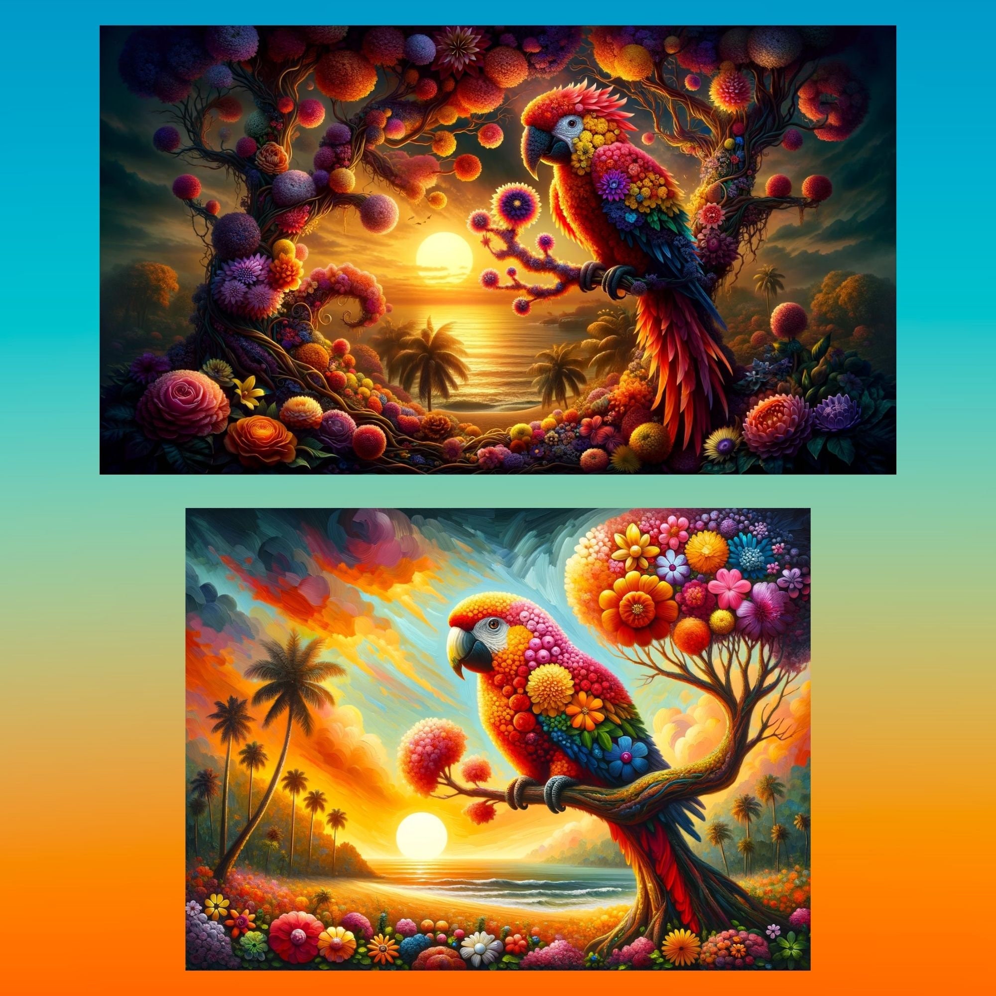 Floral Parrots and Sunset Digital Pack | Vibrant Parrot Art Bundle for ...