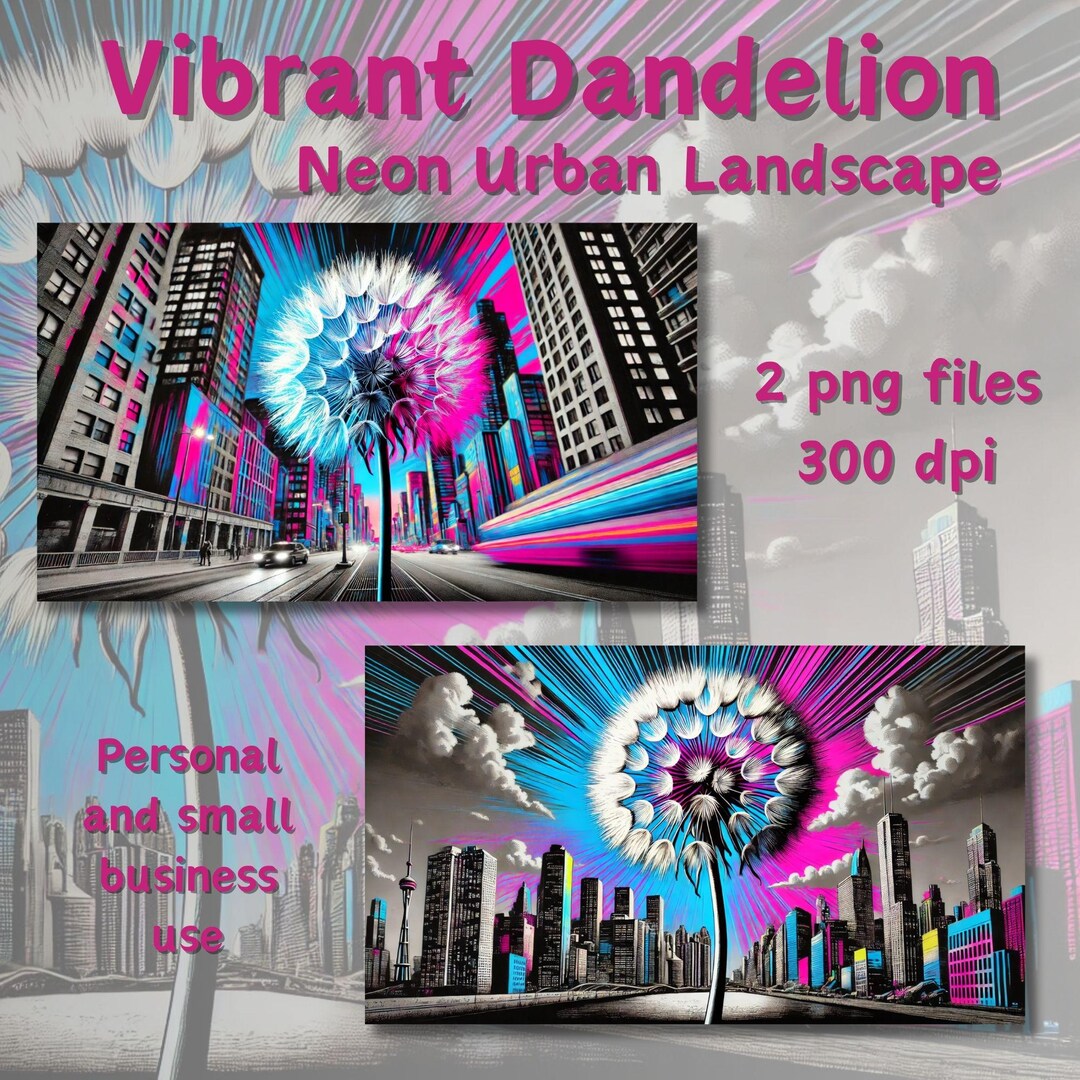 Vibrant Dandelion Neon Urban Landscape Digital Download, Colorful ...