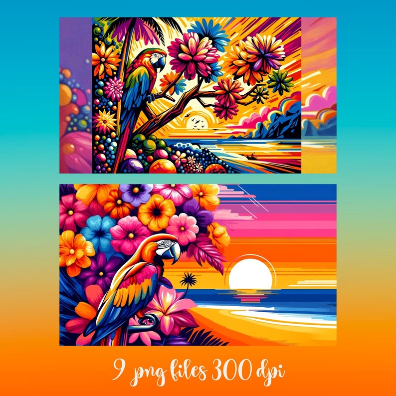 Floral Parrots and Sunset Digital Pack | Vibrant Parrot Art Bundle for ...
