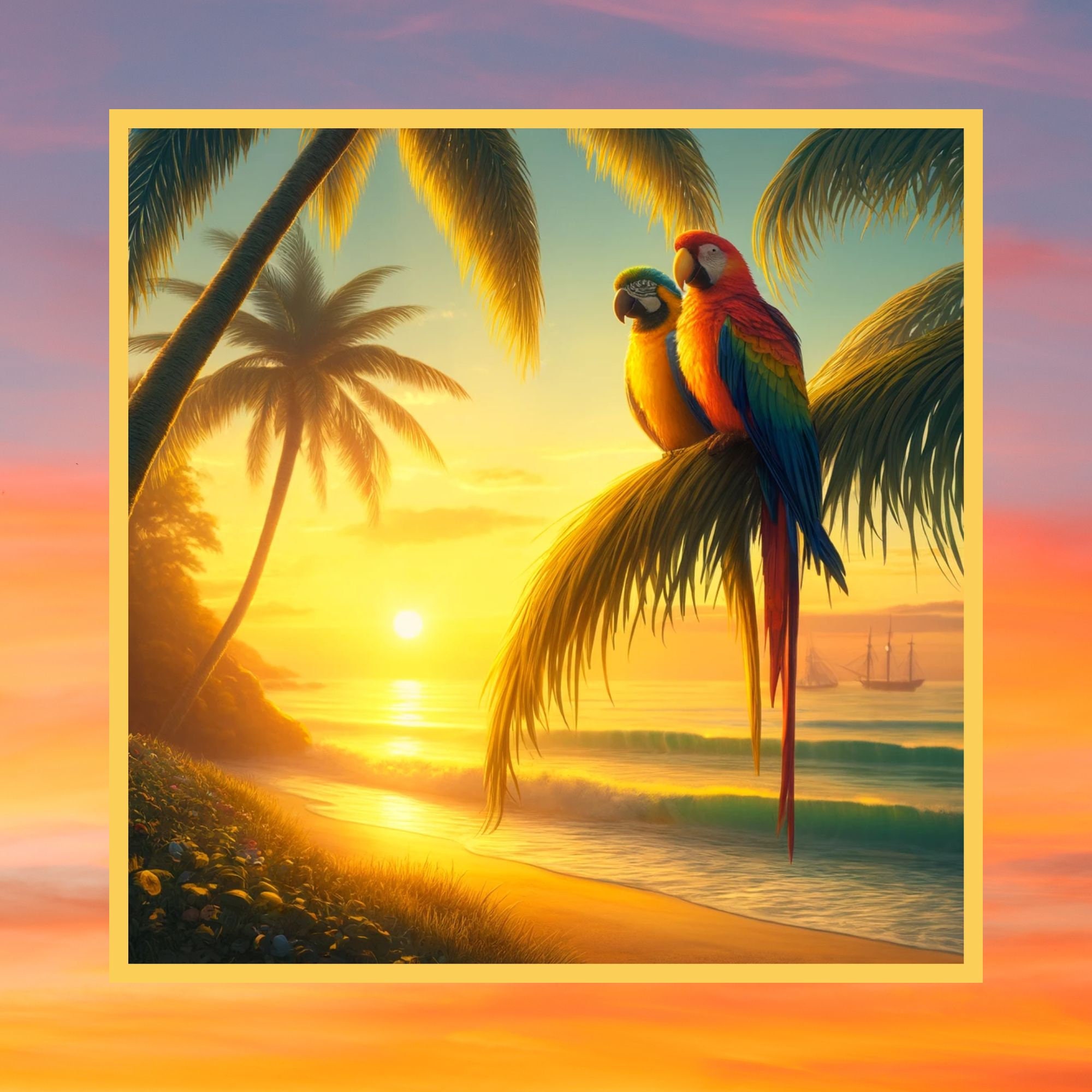 Coastal Paradise Parrots - 3 PNG Image Bundle, Tropical Beach Sunset ...