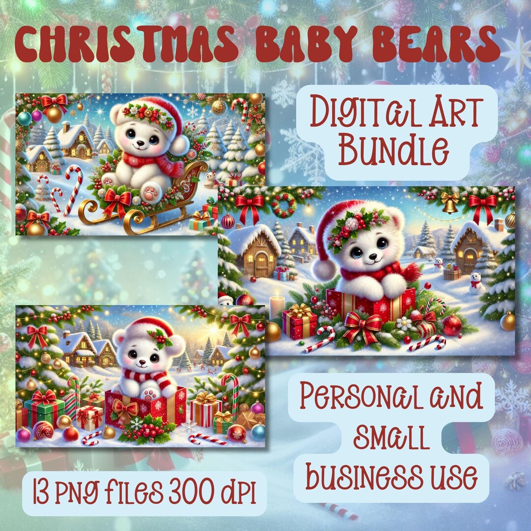 Christmas Baby Bear Digital Art Bundle | Adorable Polar Bear Clipart ...