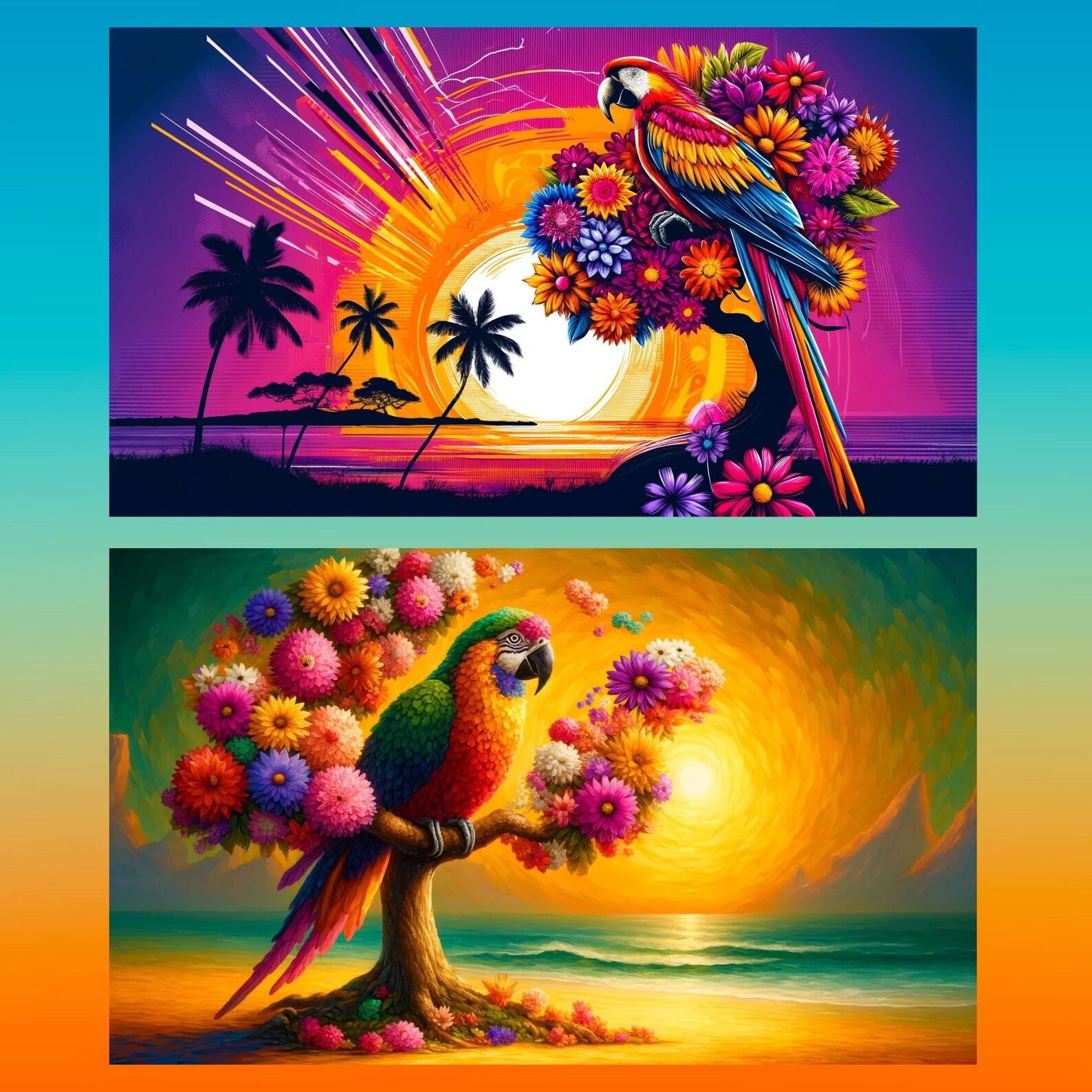 Floral Parrots and Sunset Digital Pack | Vibrant Parrot Art Bundle for ...
