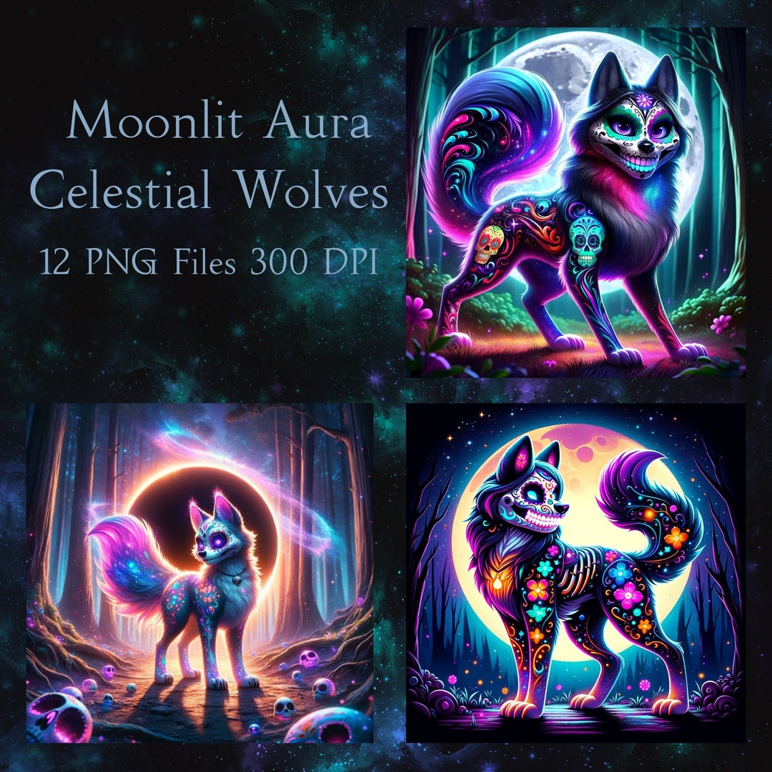 Moonlit Aura Celestial Wolves - Digital Download Bundle, 12 PNG Files ...