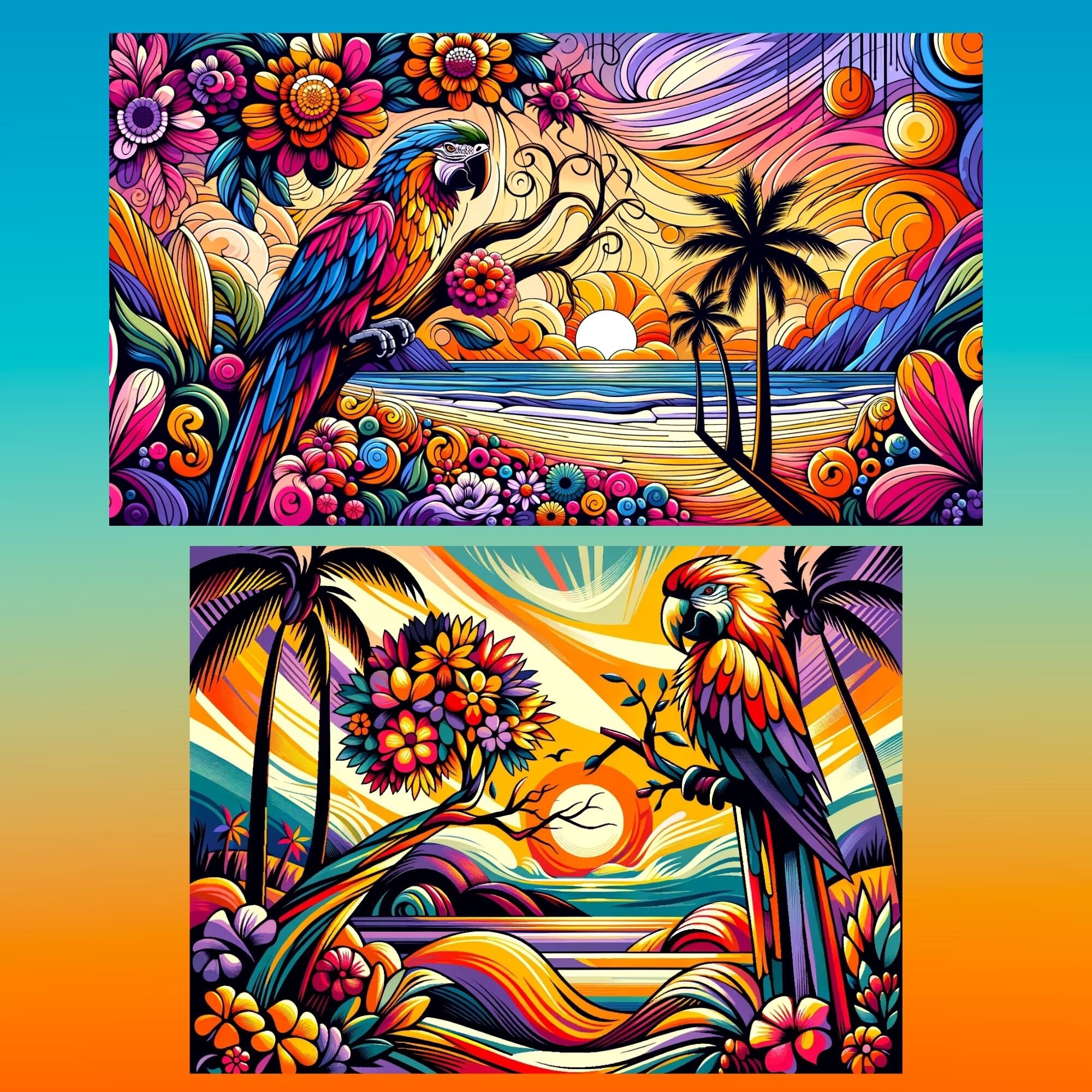 Floral Parrots and Sunset Digital Pack | Vibrant Parrot Art Bundle for ...
