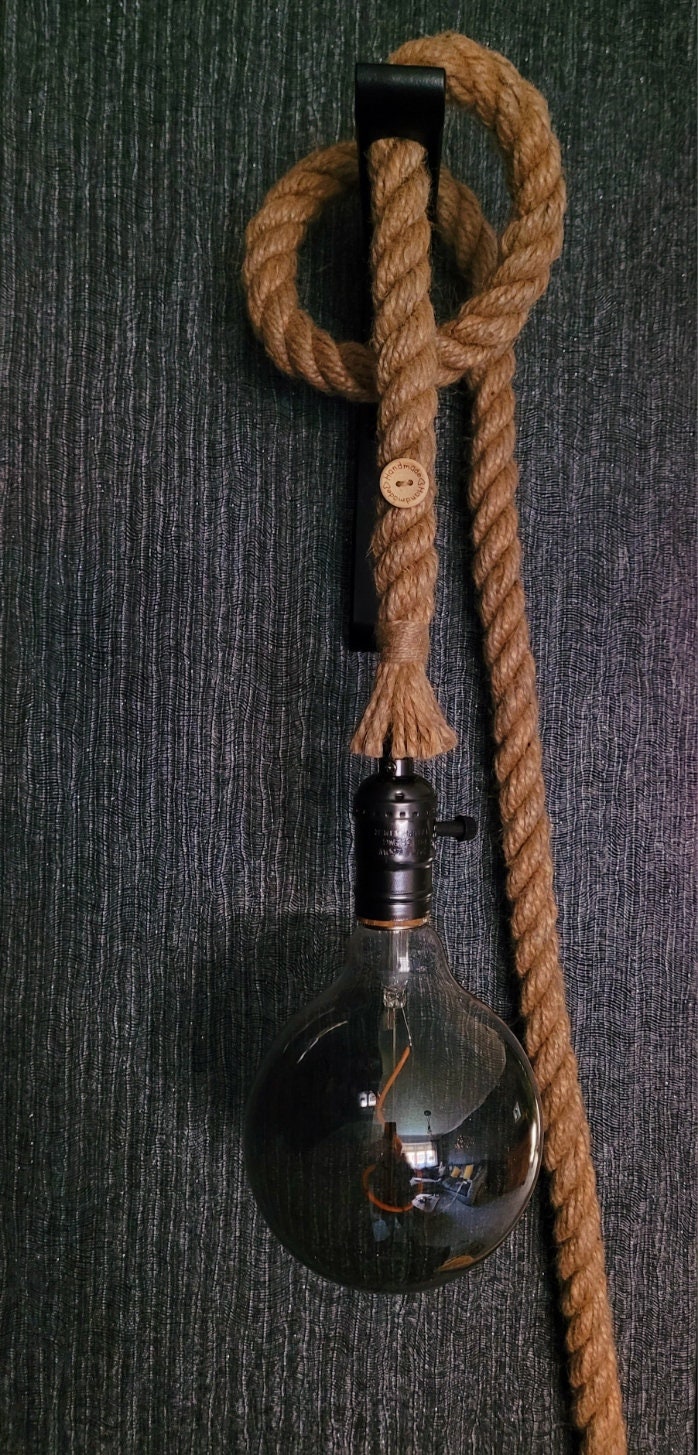 Plug in Wall Lamp With Black Wooden Bracket and Natural Jute Hemp Rope ...