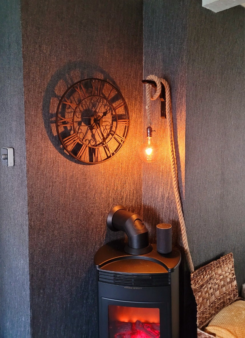 Plug in Wall Lamp With Black Wooden Bracket and Natural Jute Hemp Rope ...