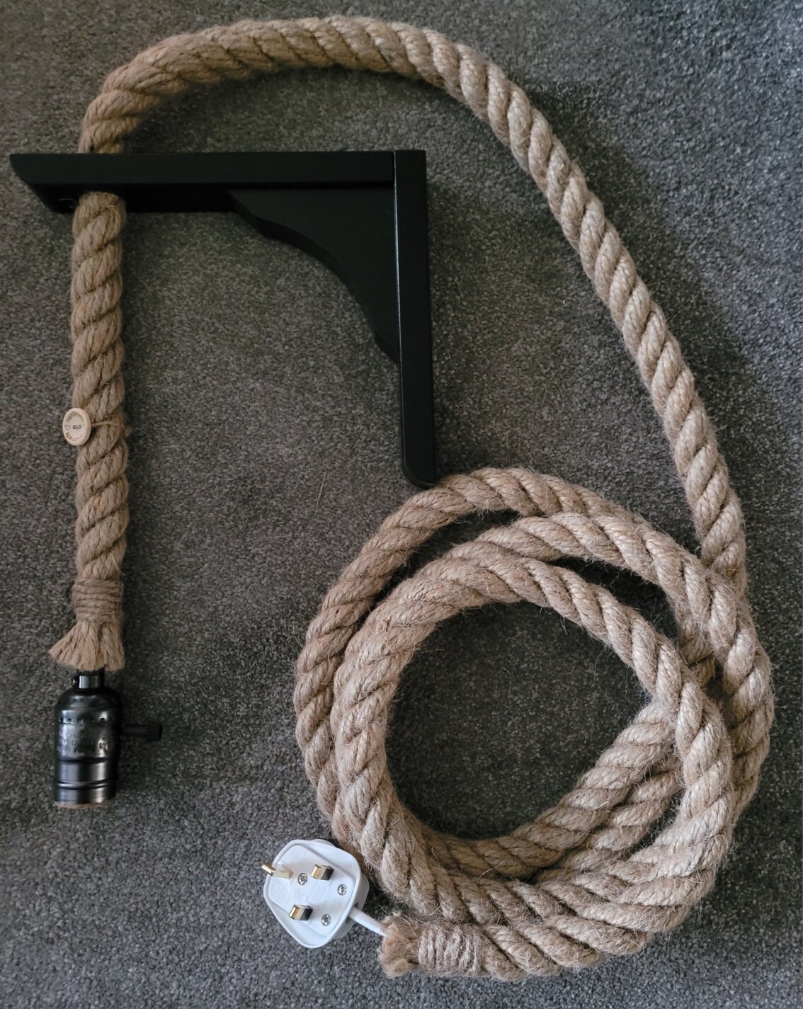 Plug in Wall Lamp With Black Wooden Bracket and Natural Jute Hemp Rope ...