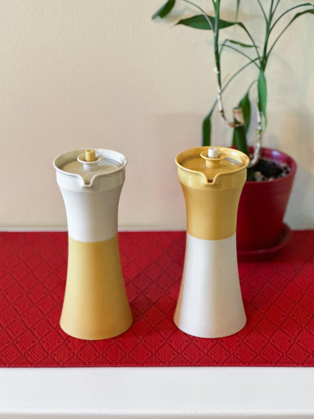 Vintage 1970 Tupperware Oil and Vinegar Cruet Set 1246 Almond and Ocher ...