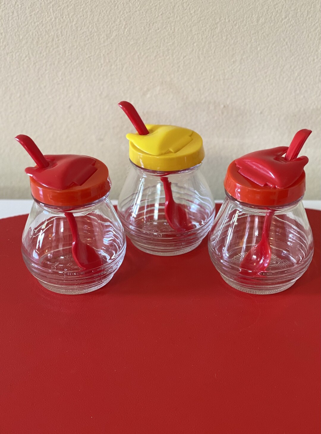 Vintage 1960 Androck Set of 3 Glass Condiment Server Jars With Lid and ...