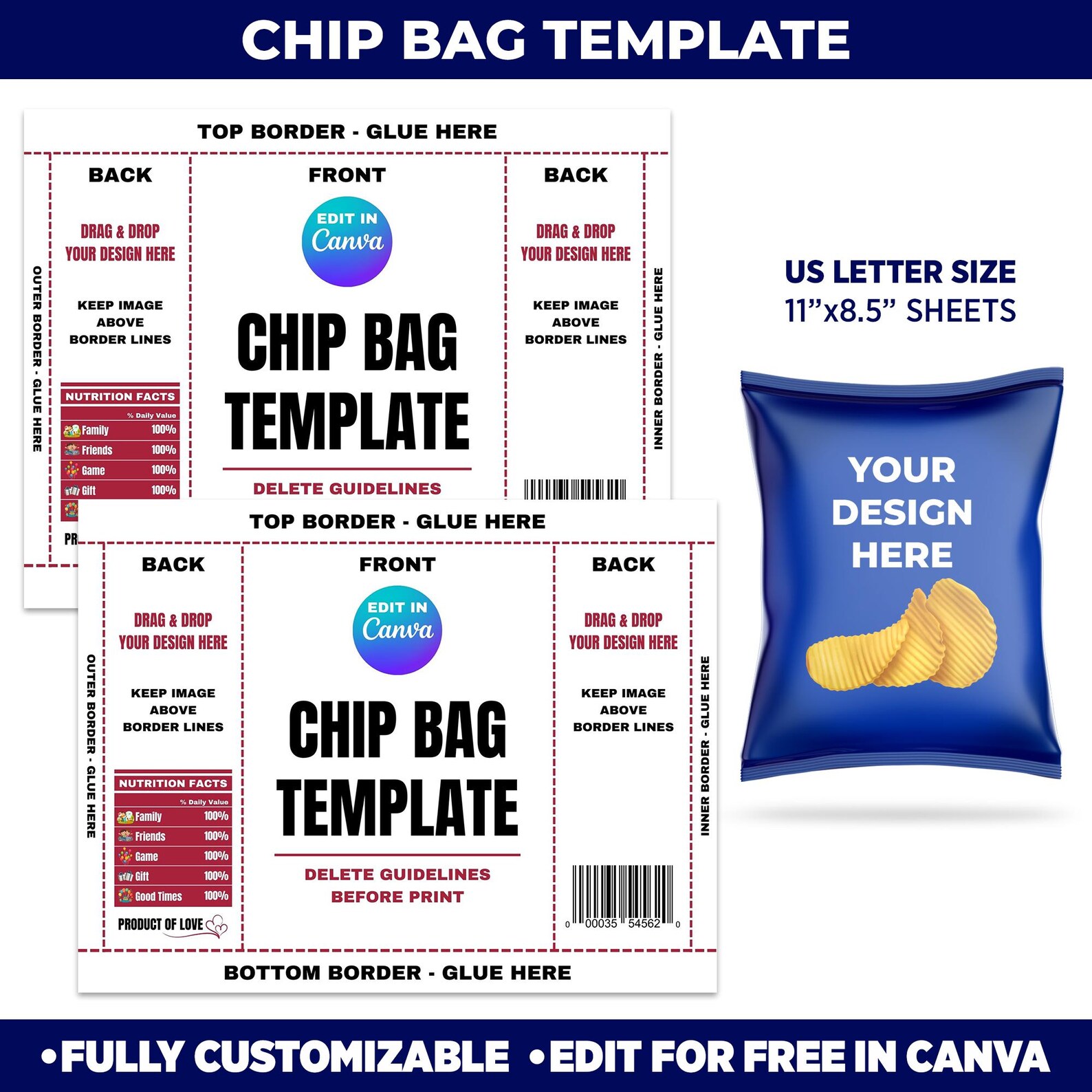 Editable Canva Chip Bag Template, Custom Chip Bag Label, Blank Chip Bag ...